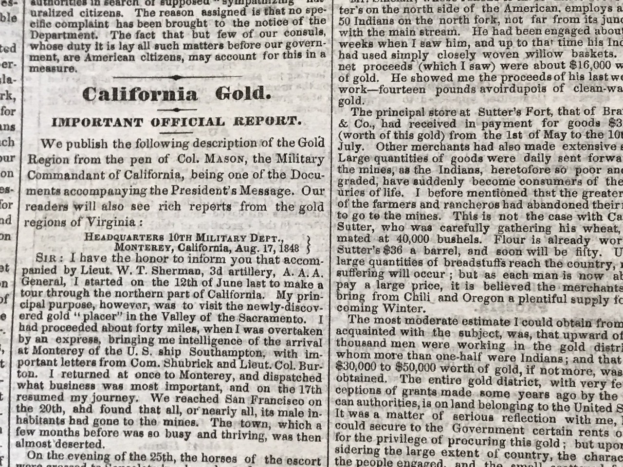 “California Gold. Important Official Report.” In The New York Tribune ...