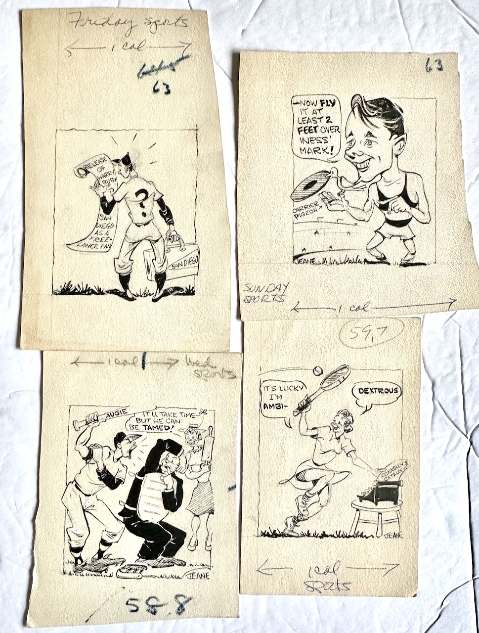 4 original pen/ink cartoons by one of the first women to work as a ...